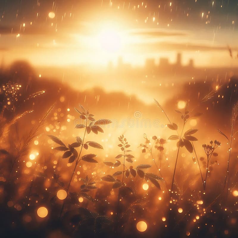 Golden Hour Rain Glowing Leaves Cityscape Stock Illustration ...