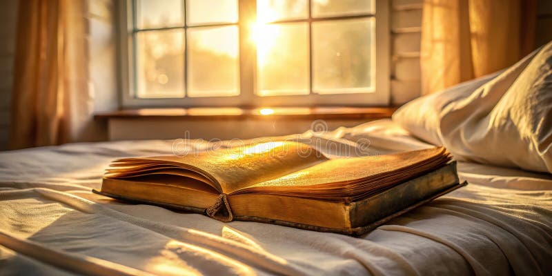 An Open Book Rests on a Bed Near a Candle, Creating a Serene Atmosphere ...