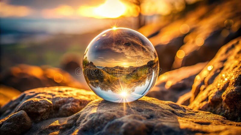 Golden Hour Reflection in a Crystal Orb on Rocky Terrain. Generative AI ...