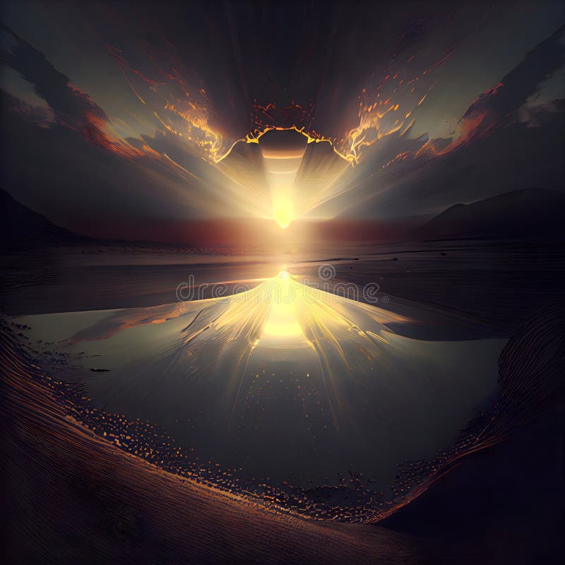 Golden Hour Reflection: a Surreal Sunset Landscape Stock Illustration ...