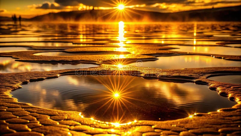Golden Hour Reflections in Tidal Pools at Sunset. Generative AI Stock ...