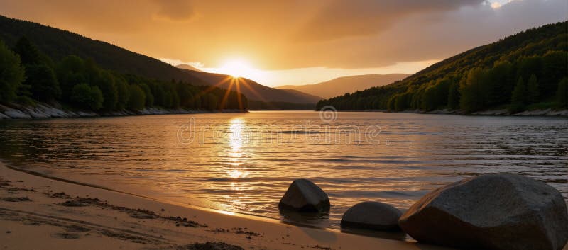 Golden Hour River Landscape with Rich Colors and Warm Lighting Stock ...