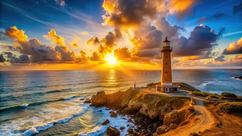 Golden Hour Seascape Coastal Lighthouse at Sunset with Dramatic Clouds ...