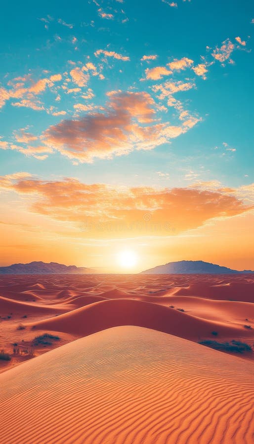Golden Hour Serenity, Desert Landscape at Sunset with Dramatic Clouds ...