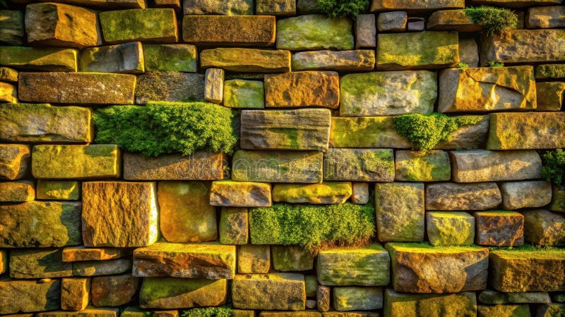 Golden Hour Stone Wall with Lush Green Moss. Generative AI Stock Illustration - Illustration of ...