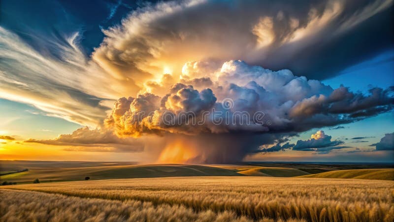 Golden Hour Storm Over Rolling Fields of Grain. Generative AI Stock ...