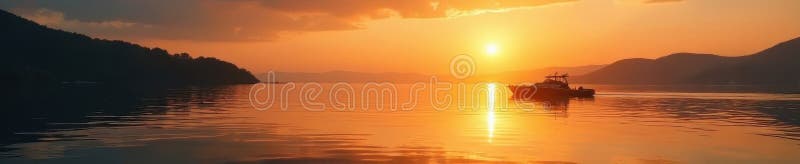 Golden Hour Sun Dips Below Balaton Small Boat on Calm Water Reflection ...