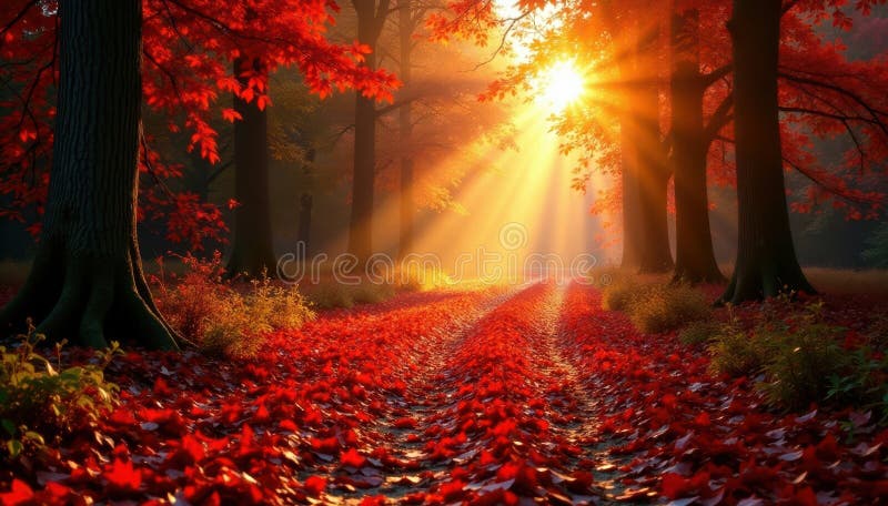 Golden Hour Sunbeams Illuminate a Red Leaf Strewn Forest Path , Ground ...