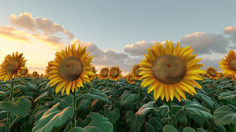 Golden Hour Sunflower Field Under Vibrant Sunset Sky Stock Image ...