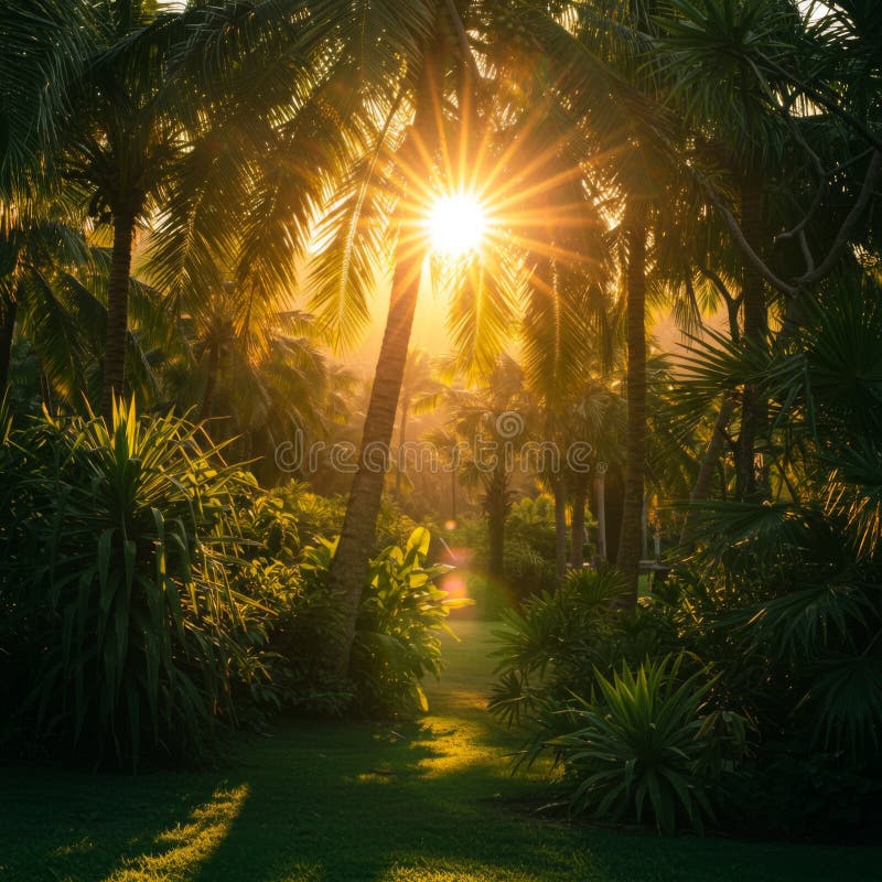 Golden Hour Sunlight through Lush Tropical Palm Trees Stock ...