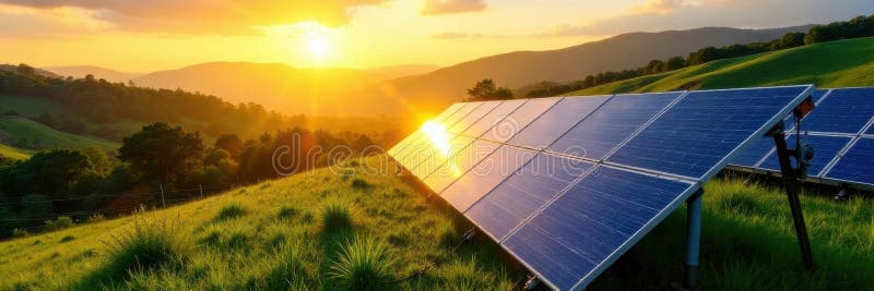 Golden Hour Sunlight on Solar Array, Lush Green Hills, Future, Power ...