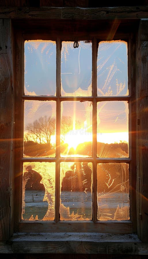 Golden Hour Sunrise through Frosted Window Panes in a Rustic Barn ...