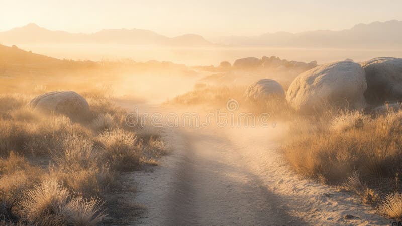 Golden Hour Sunrise Over Serene Dusty Desert Path Stock Photo - Image ...
