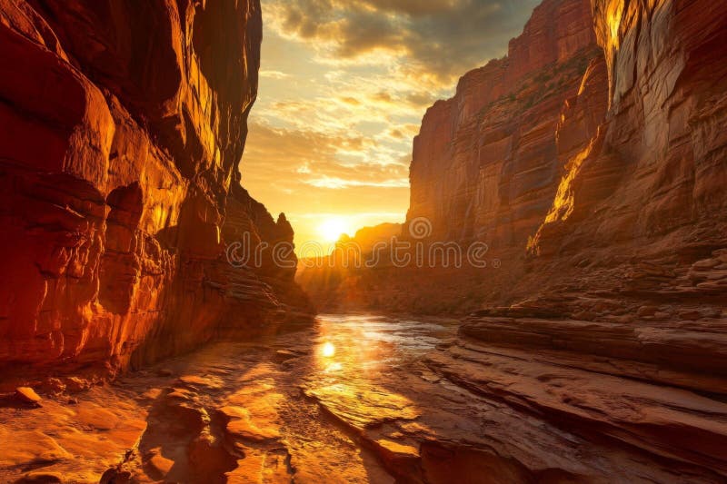 Golden Hour Sunset Illuminating a Canyon River Stock Illustration ...