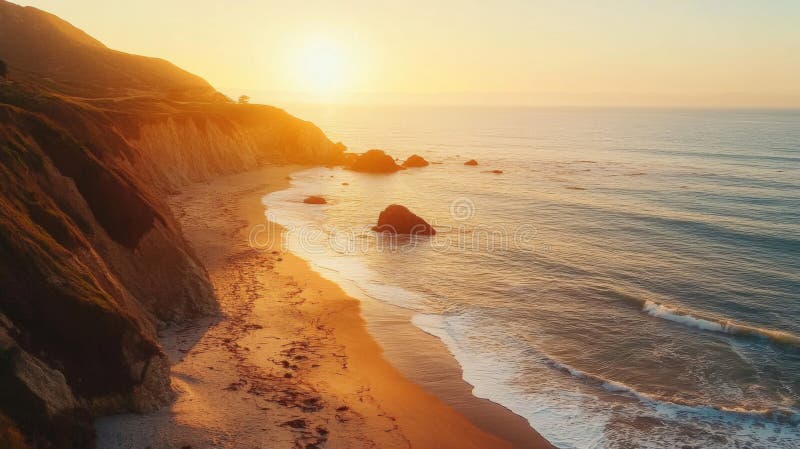 Golden Hour Sunset Over Coastal Beach and Cliffs Stock Illustration ...