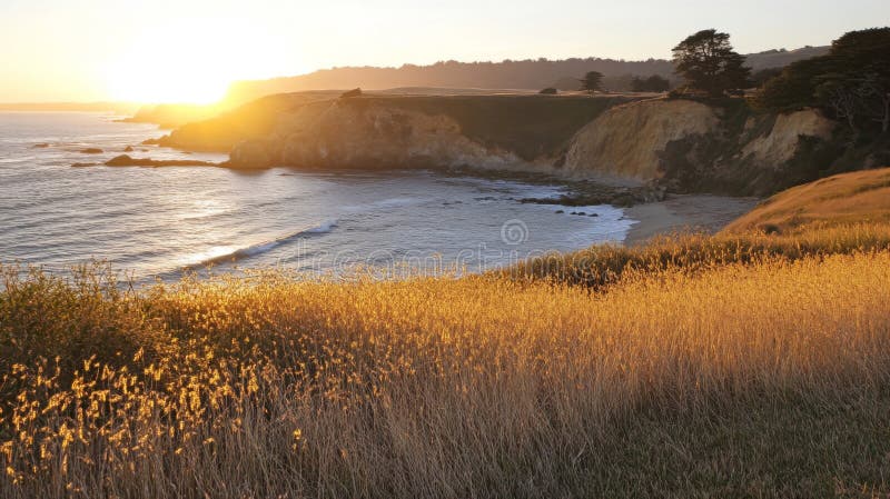 Golden Hour Sunset Over Coastal Cliffs and Ocean Stock Illustration ...