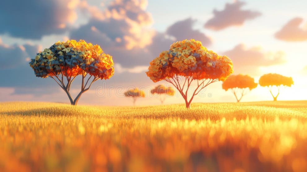 Golden Hour Sunset Over a Field of Grass with Low Poly Trees Stock ...