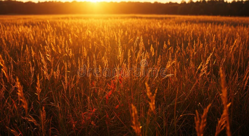 Golden Hour Sunset Over a Field of Tall Grass Stock Illustration ...