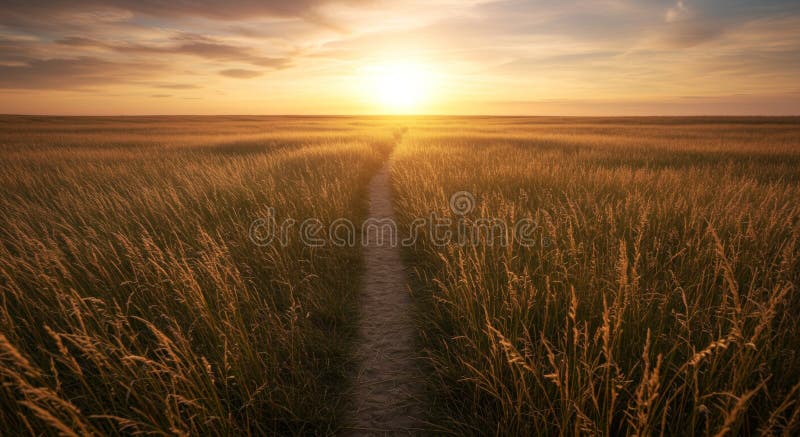 Golden Hour Sunset Over Grass Field Path Stock Illustration ...