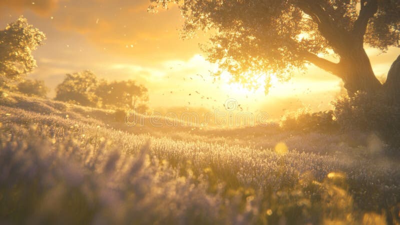 Golden Hour Sunset Over Lavender Field Stock Illustration ...
