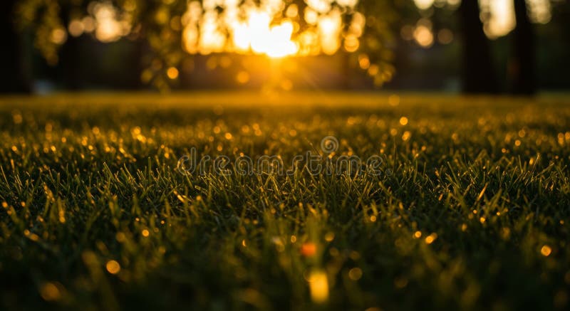 Golden Hour Sunset Over Lush Green Grass Field Stock Illustration ...