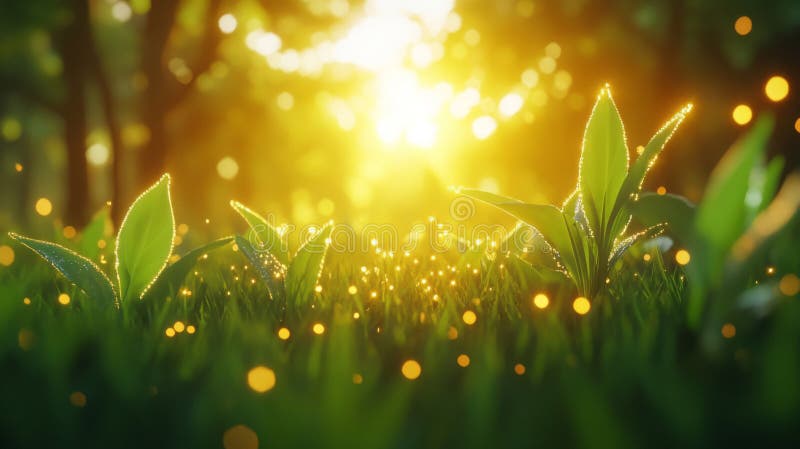 Golden Hour Sunset Over Lush Green Grass and Plants Stock Illustration ...