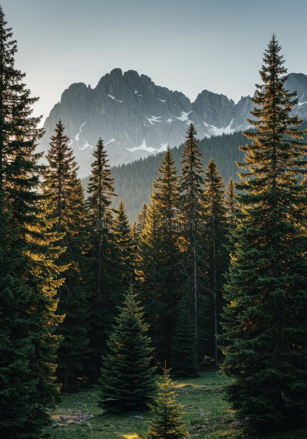 Golden Hour Sunset Over Majestic Mountain Range Pine Forest Stock ...
