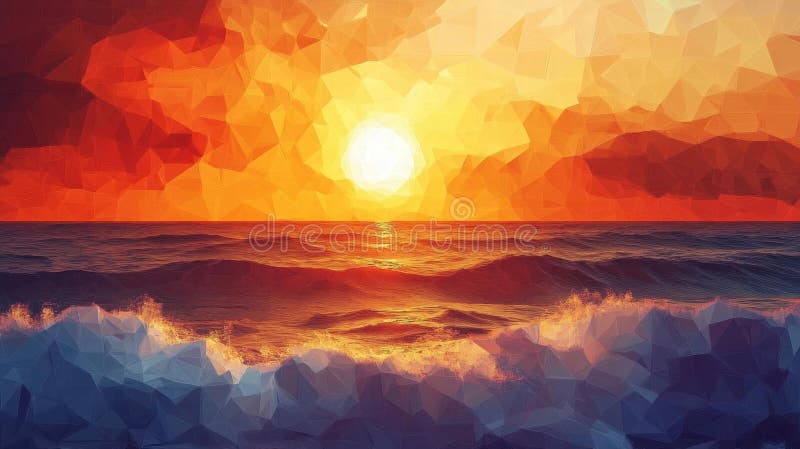 Golden Hour Sunset Over Ocean Waves, Low Poly Art Stock Illustration ...
