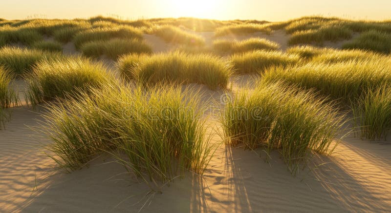 Golden Hour Sunset Over Sand Dunes with Lush Green Grass Stock ...