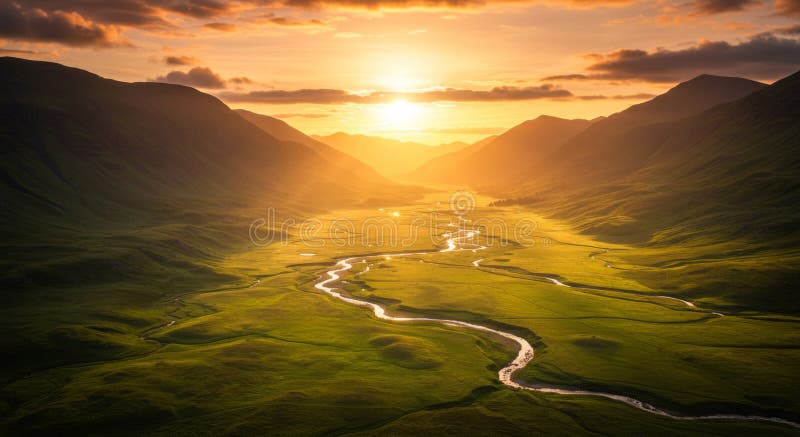 Golden Hour Sunset Over Serene Valley and Winding River Stock ...