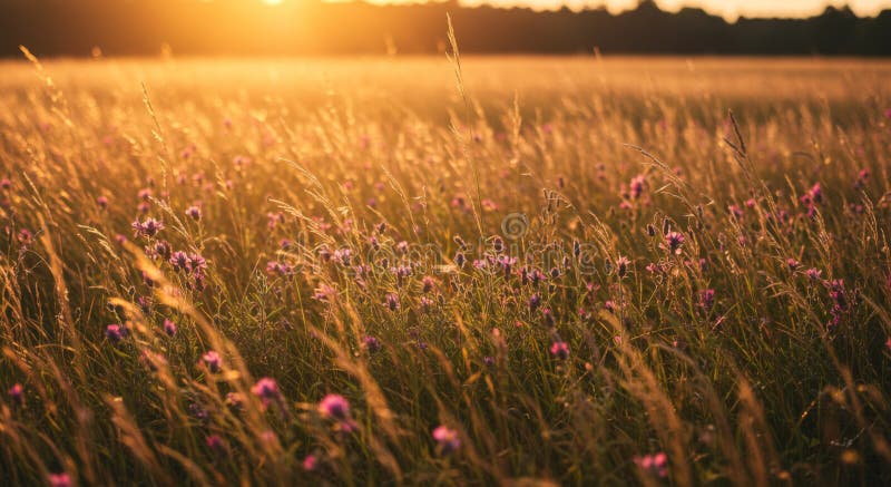 Golden Hour Sunset Over a Wildflower Field Stock Illustration ...