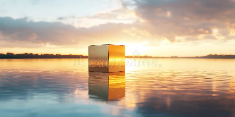 Golden Hour Sunset Reflection Calm Lake and Mysterious Cube Stock ...