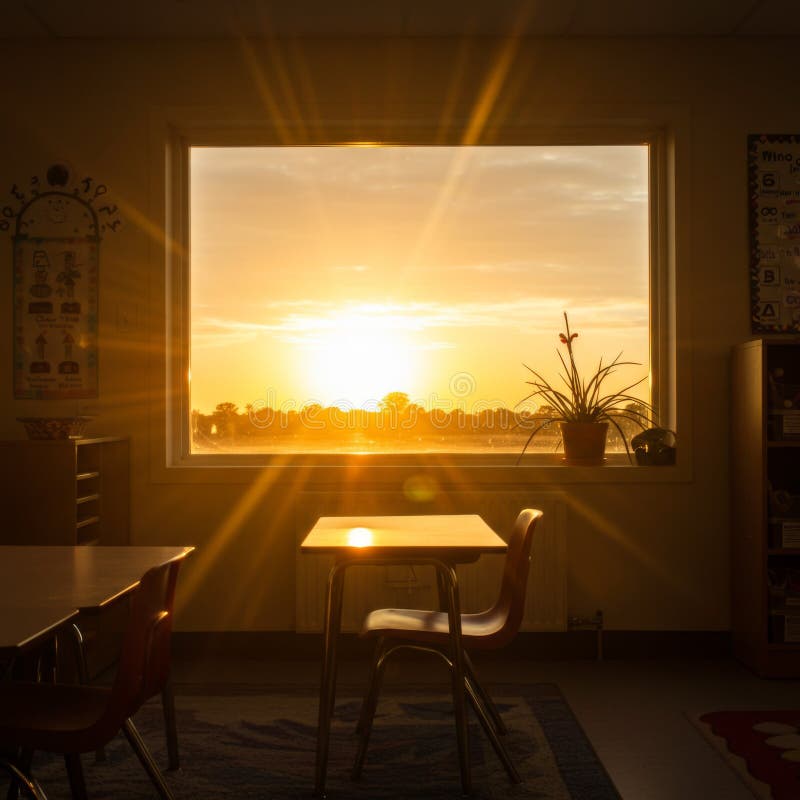 Golden Hour Sunset View through Classroom Window Stock Illustration ...