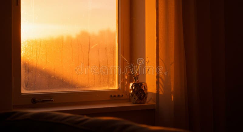 Golden Hour Sunset View through a Foggy Window Stock Illustration ...