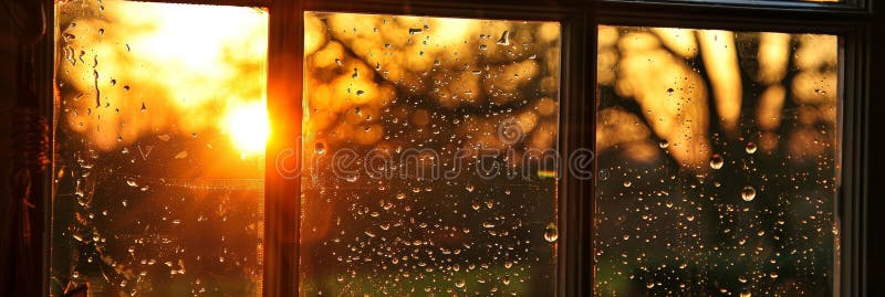 Golden Hour Sunset View through a Window Pane, Rain Drops on the Glass ...
