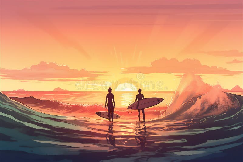 Golden Hour Surf A Silhouette Of A Beautiful Surfers Standing On The
