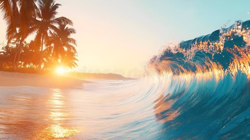 Golden Hour Tropical Beach Sunset with Powerful Wave Stock Illustration ...