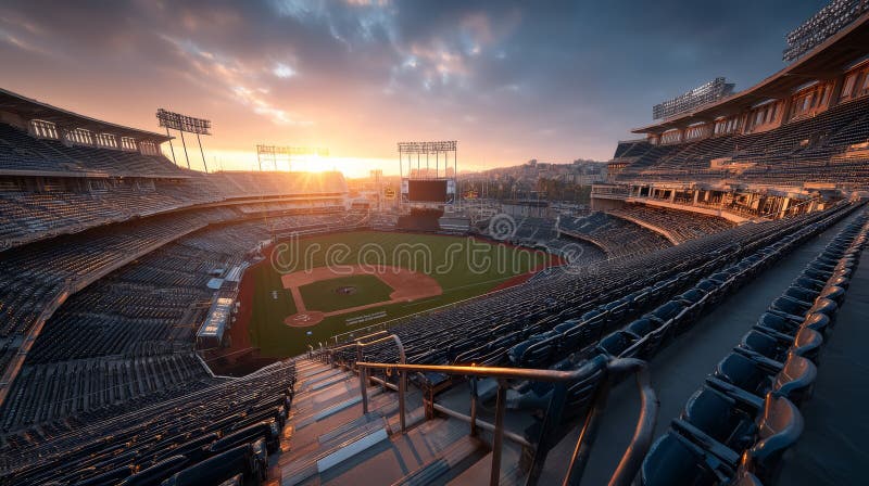 Golden Hour View Over Empty Stadium with Dramatic Sky and Baseball ...
