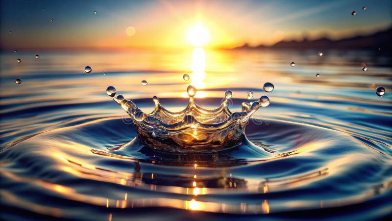 Golden Hour Water Drop Crown a Serene Sunset Scene. Generative AI Stock ...