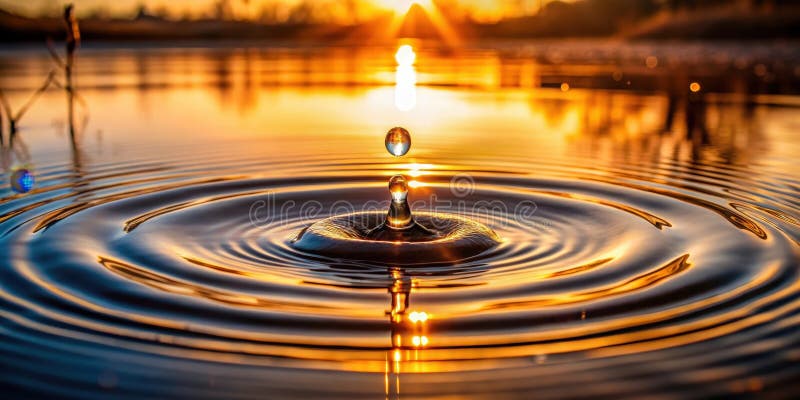 Golden Hour Water Drop Impact Ripples of Tranquility on Still Water ...