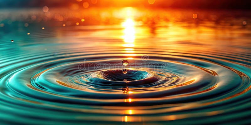 Golden Hour Water Drop Impact Serene Ripples on Teal Surface at Sunset ...
