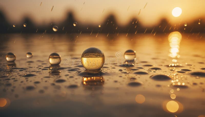 Golden Hour Water Droplets and Spheres Reflecting Sunset Light Stock ...