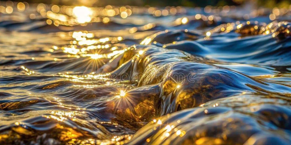Golden Hour Water Flow Close-up of Sparkling River Surface. Generative ...