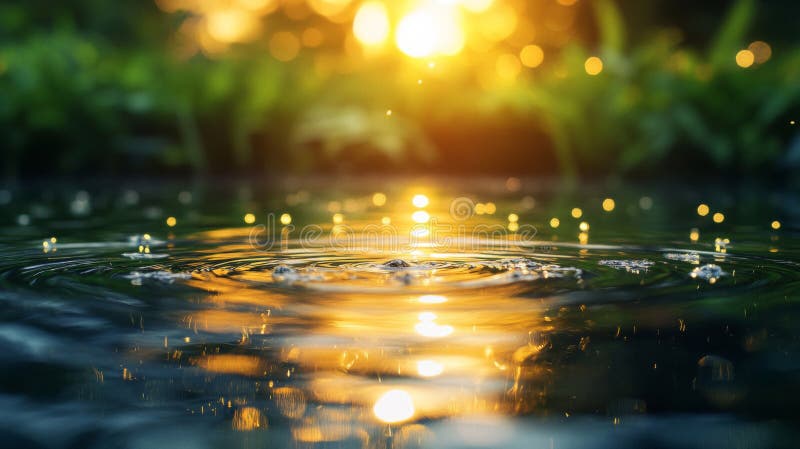 Golden Hour Water Reflection: Ripples and Drops at Sunset Stock ...