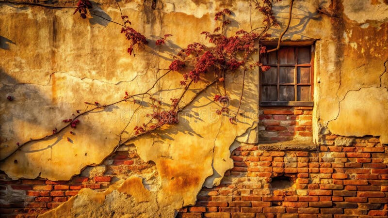 Golden Hour on a Weathered Brick Wall with a Window and Vine ...