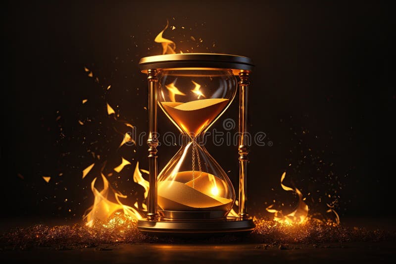 Golden Hourglass in Fire Illustration on Dark Background. Ai Generative ...