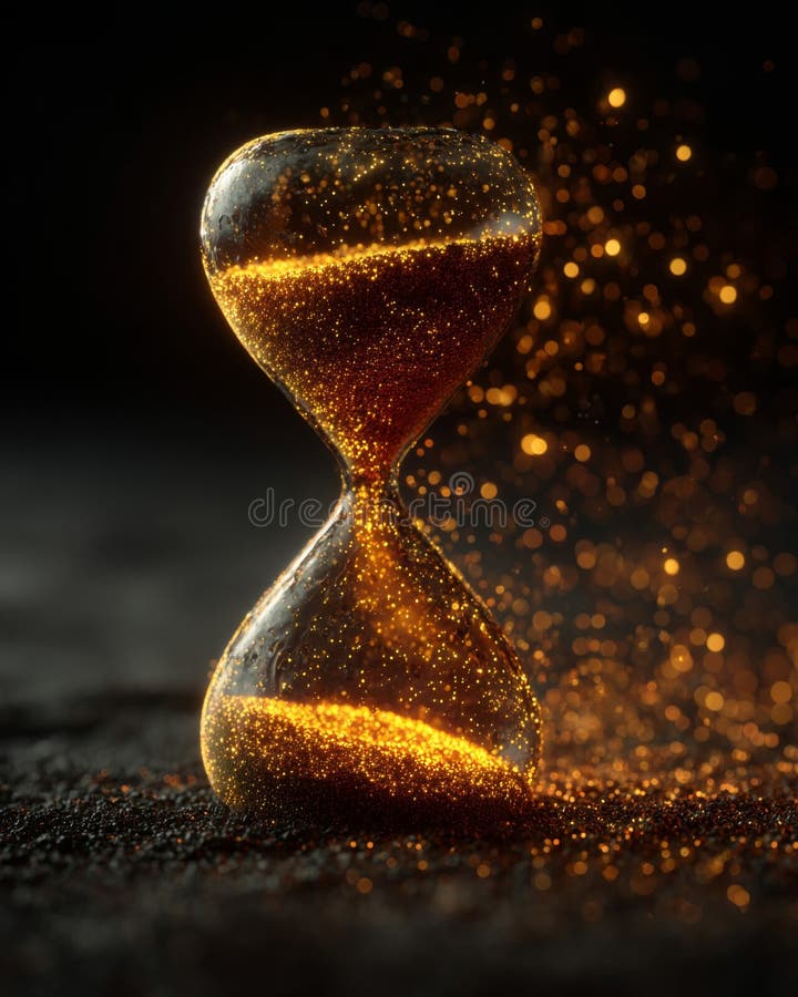 Golden Hourglass with Glittering Sand on Dark Background Stock ...