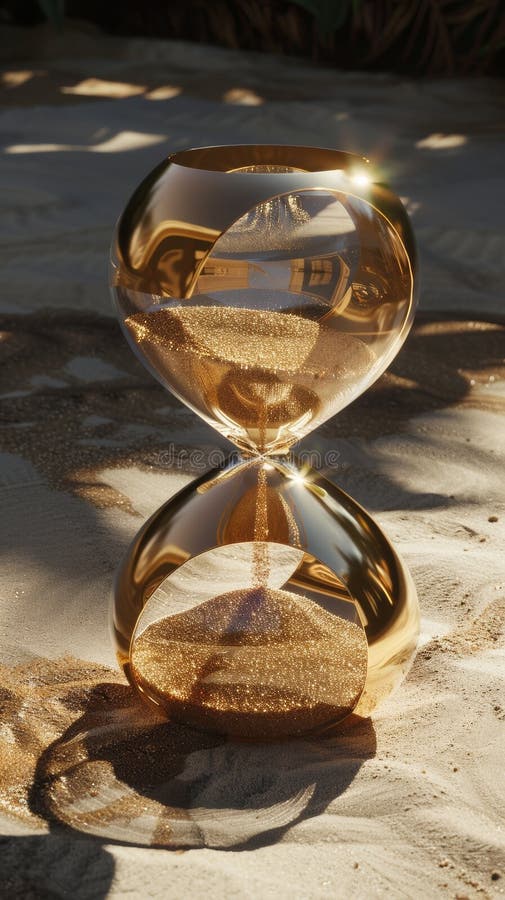 Golden Hourglass on Sandy Beach with Sunlight Reflections, Time and ...