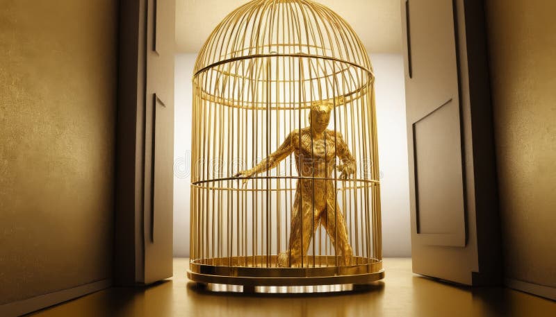 Golden Human Figure Trapped Inside a Birdcage Under Soft Lighting Stock ...