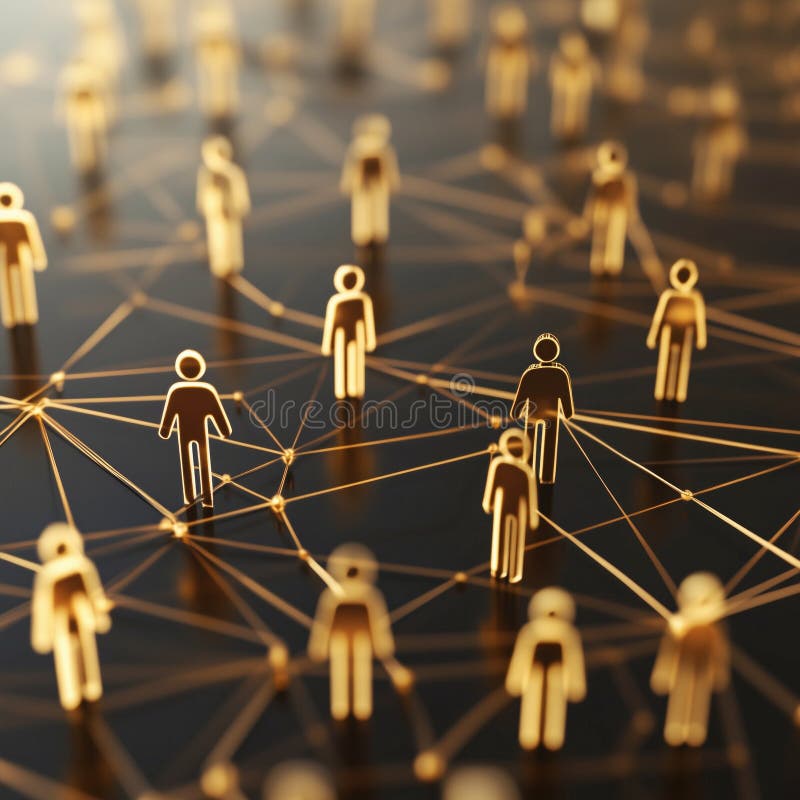 Golden Human Figures Connected by Network on Black Surface Stock Photo ...